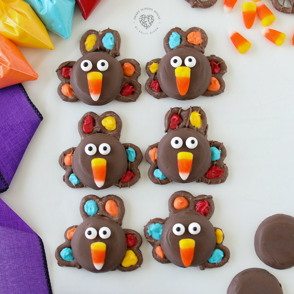 Chocolate Pretzel Turkeys with Colorful Feathers!